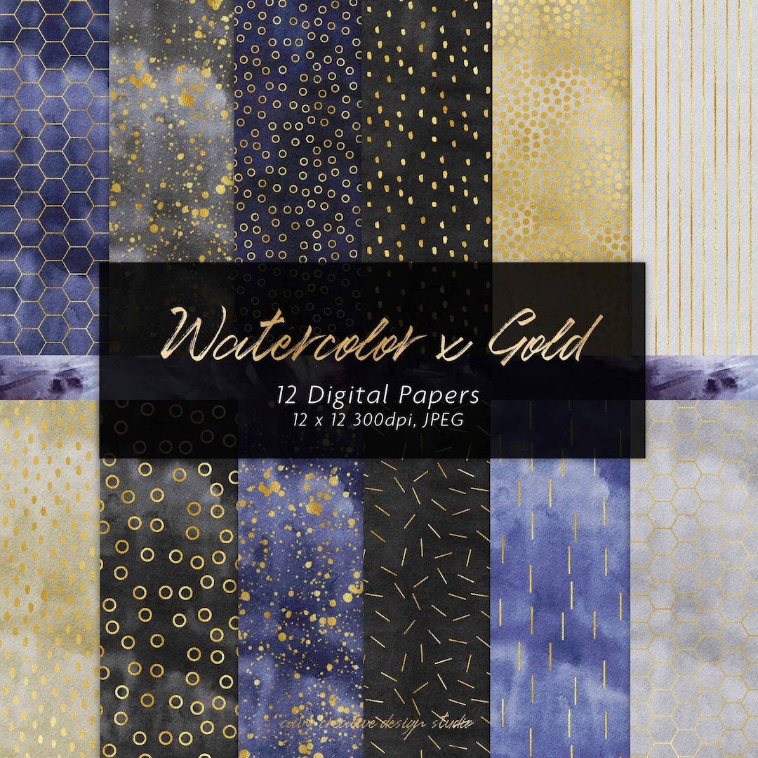 Ocean Blue Watercolor and Gold Digital Papers Set | Colorful Gradient ...