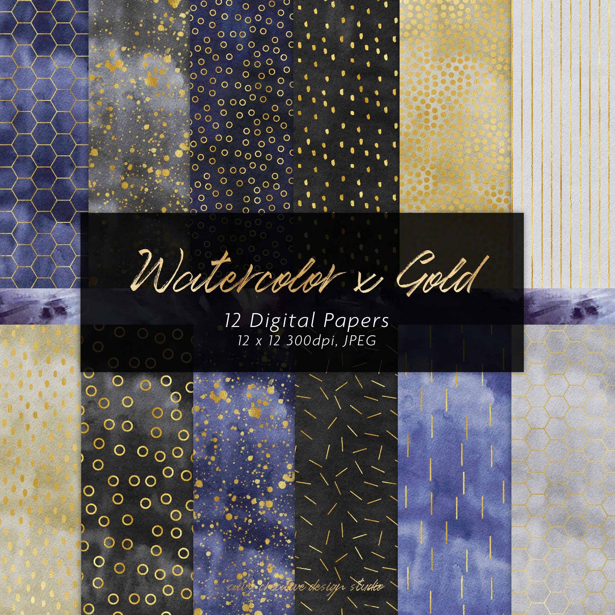 Ocean Blue Watercolor and Gold Digital Papers Set Colorful - Etsy