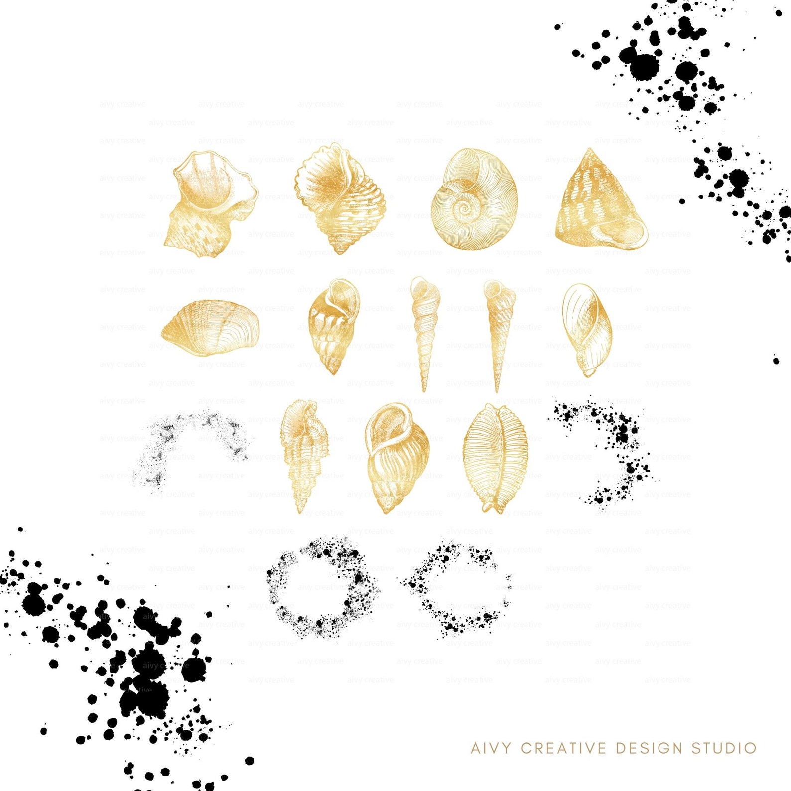 Gold Sea Shells Abstract Clip Art Set Social Media Craft Commercial Use ...