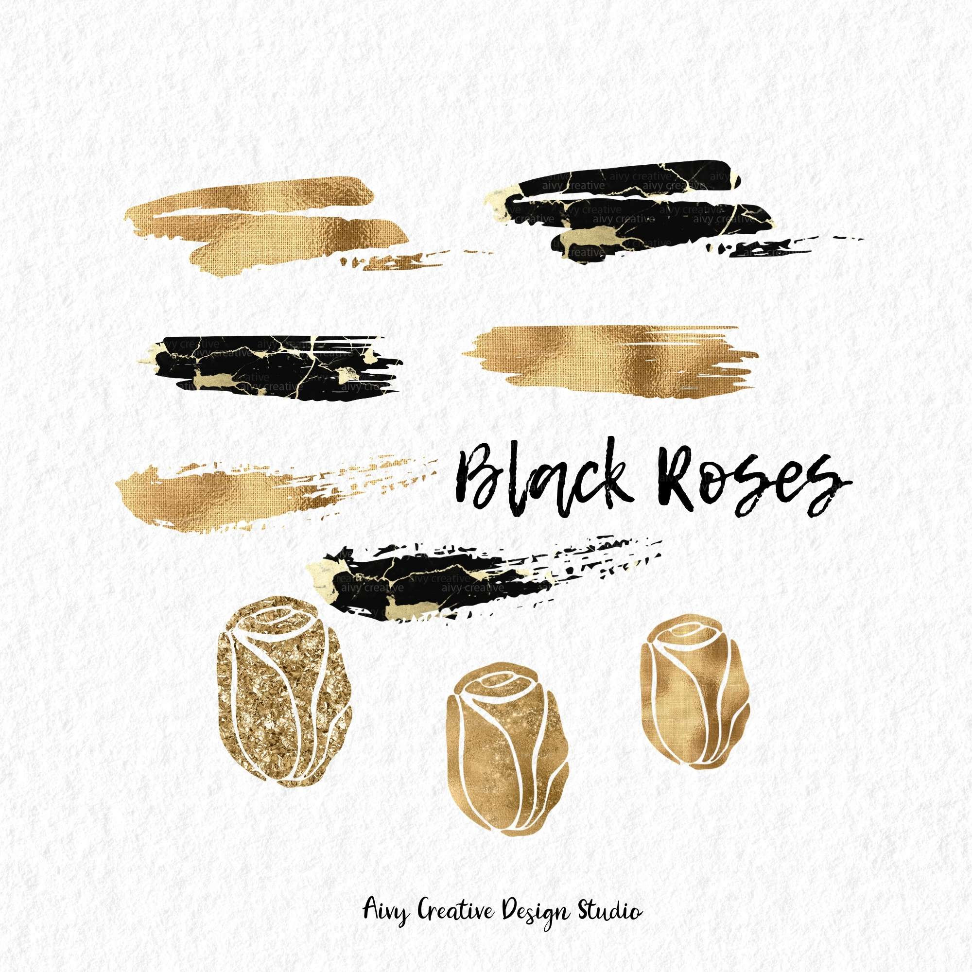 Black Roses and Rose Gold Clip Art Set Gold and Black Flower | Etsy