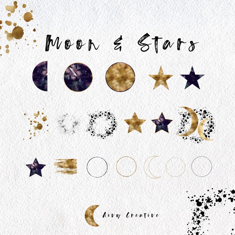 Moon and Stars Celestial Clip Art Set Gold Clipart | Etsy