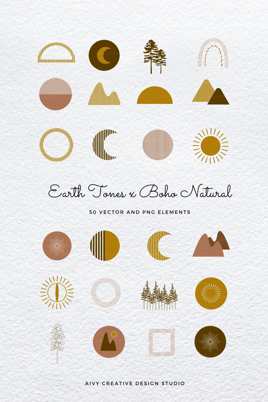 50 Vector Earth Tone Boho Natural Abstract Clip Art Set, Bohemian ...