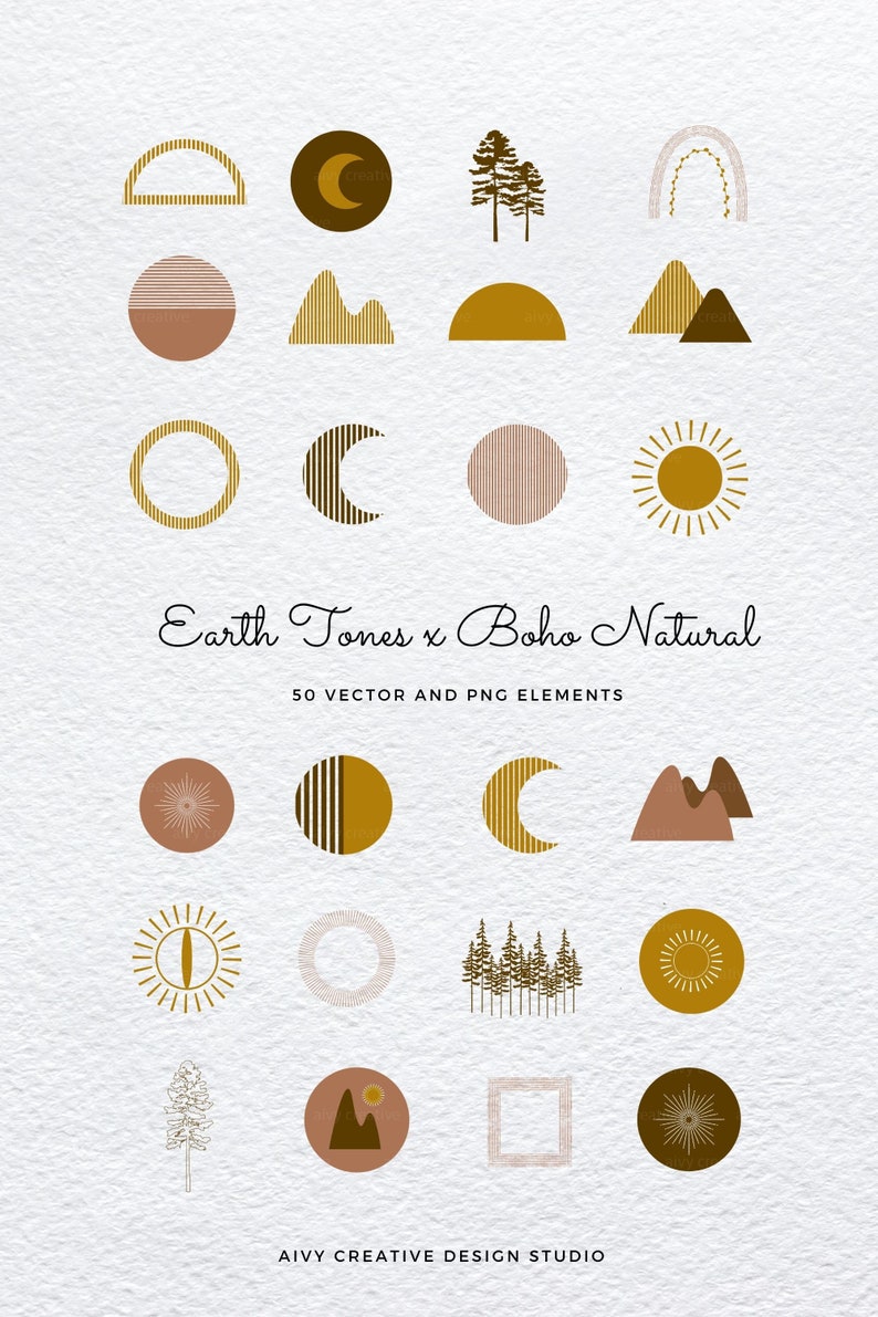 50 Vector Earth Tone Boho Natural Abstract Clip Art Set, Bohemian ...