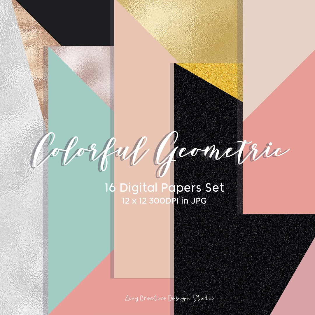 Colorful Geometric Metallic Digital Papers Pack | Gold and Silver ...