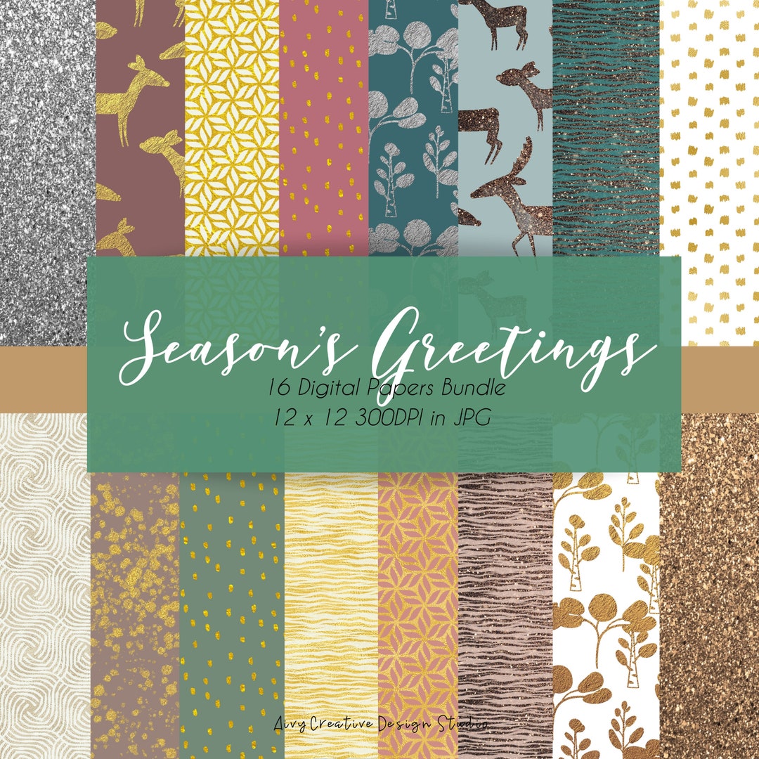 Season's Greetings Digital Paper Set | Elegant Gold | Winter ...
