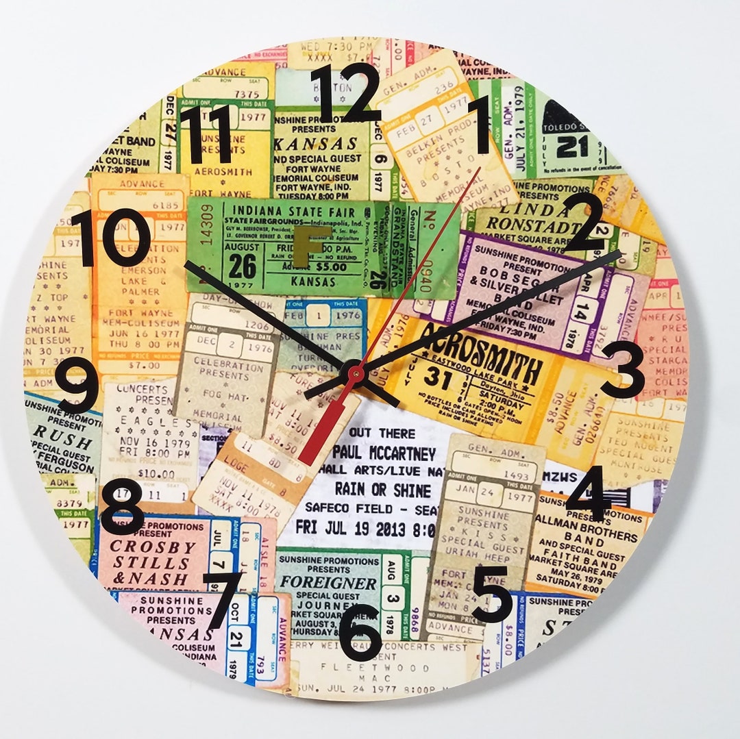 Rock and Roll 10" Wall Clock: 1970s Concert Ticket Display. Rock and ...