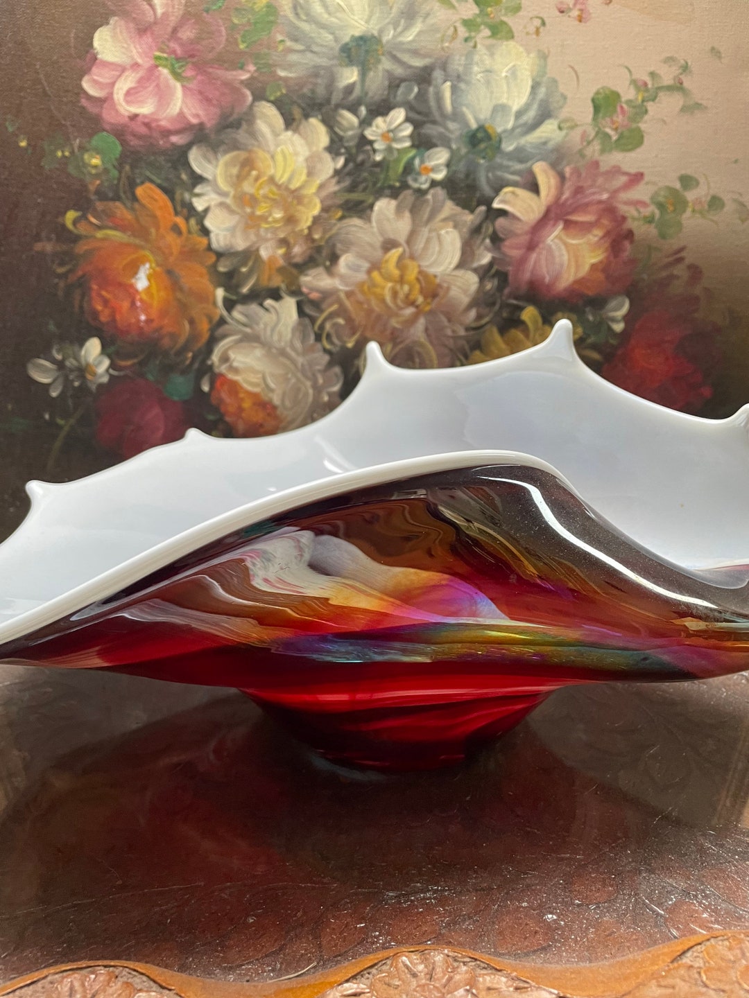 Murano Italian Large Glass Conch Shell Dish White Red Iridescent - Etsy