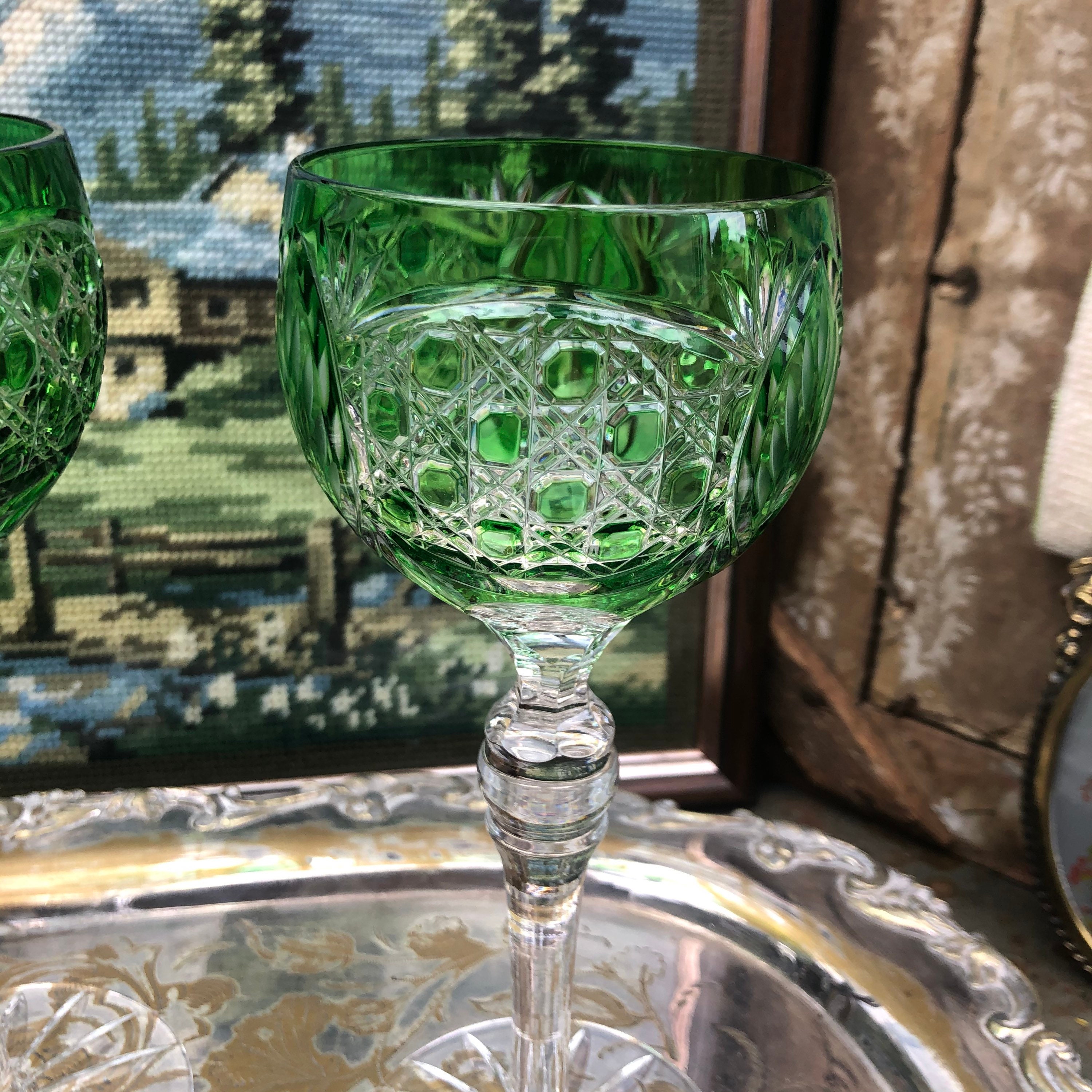 Vintage Ajka Pair Cut Crystal Hock Wine Glasses Shaped Stem Set of 2 ...