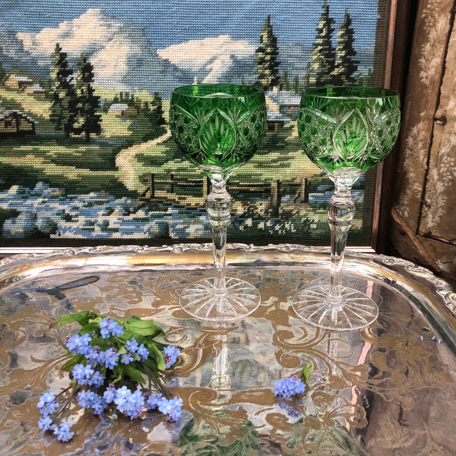 Vintage Ajka Pair Cut Crystal Hock Wine Glasses Shaped Stem Set of 2 ...