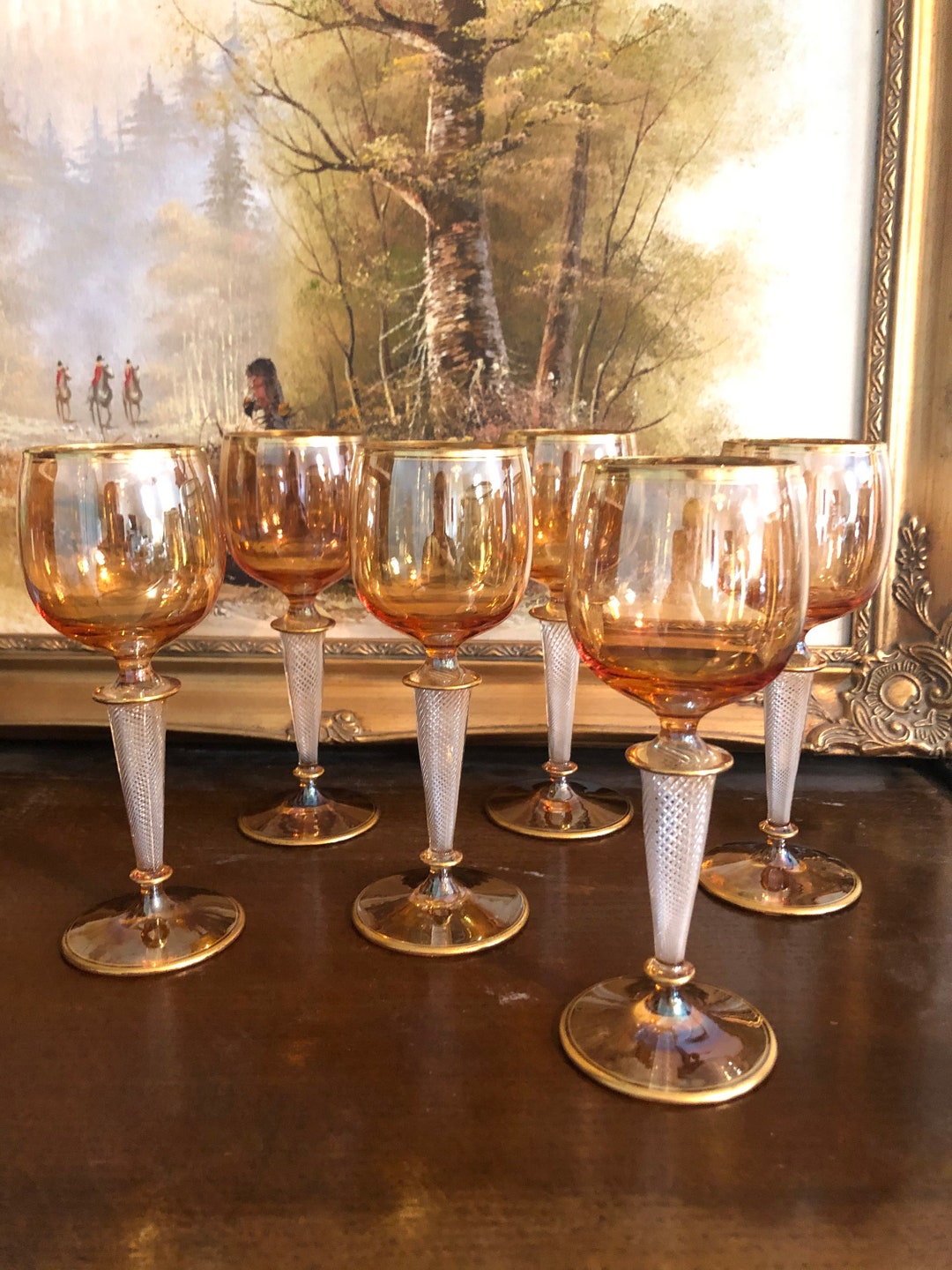Josephine Hutte Amber Lustre Antique Wine Glass X 6 Air Stem Gilt - Etsy