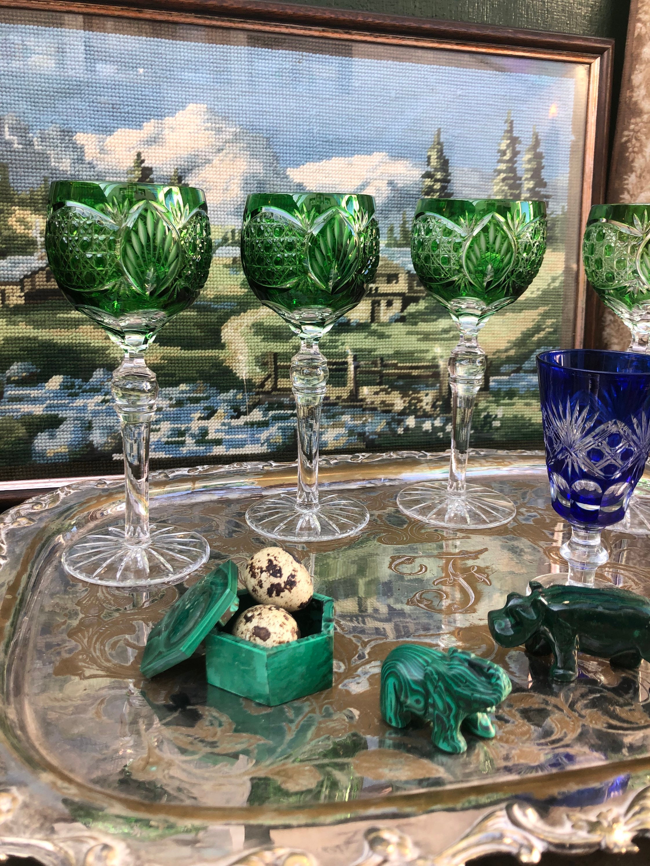 Vintage Ajka Pair Cut Crystal Hock Wine Glasses Shaped Stem Set of 2 ...