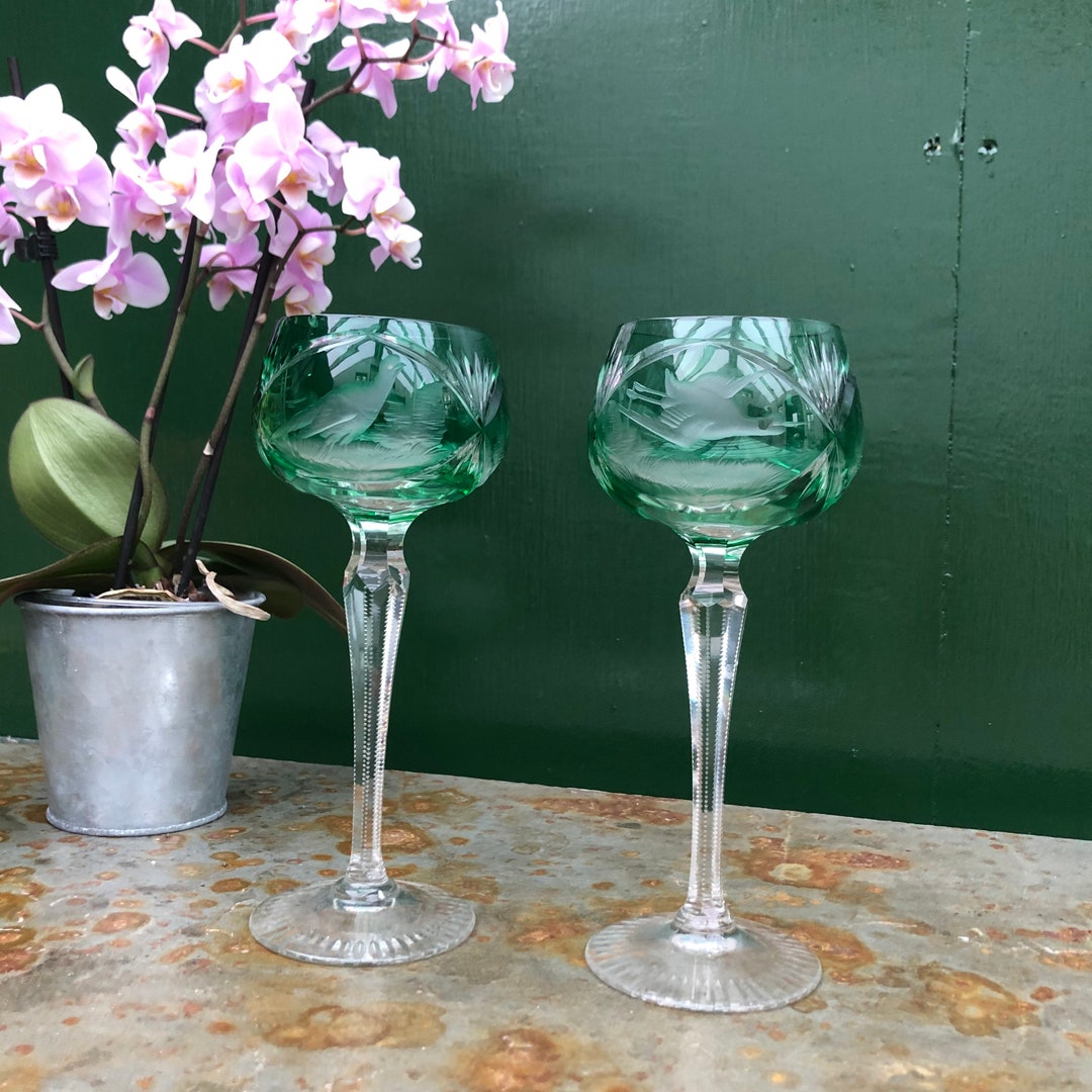 Moser Green Hock Glasses 3 Bird Etched Cut to Clear Crystal X 2 - Etsy UK