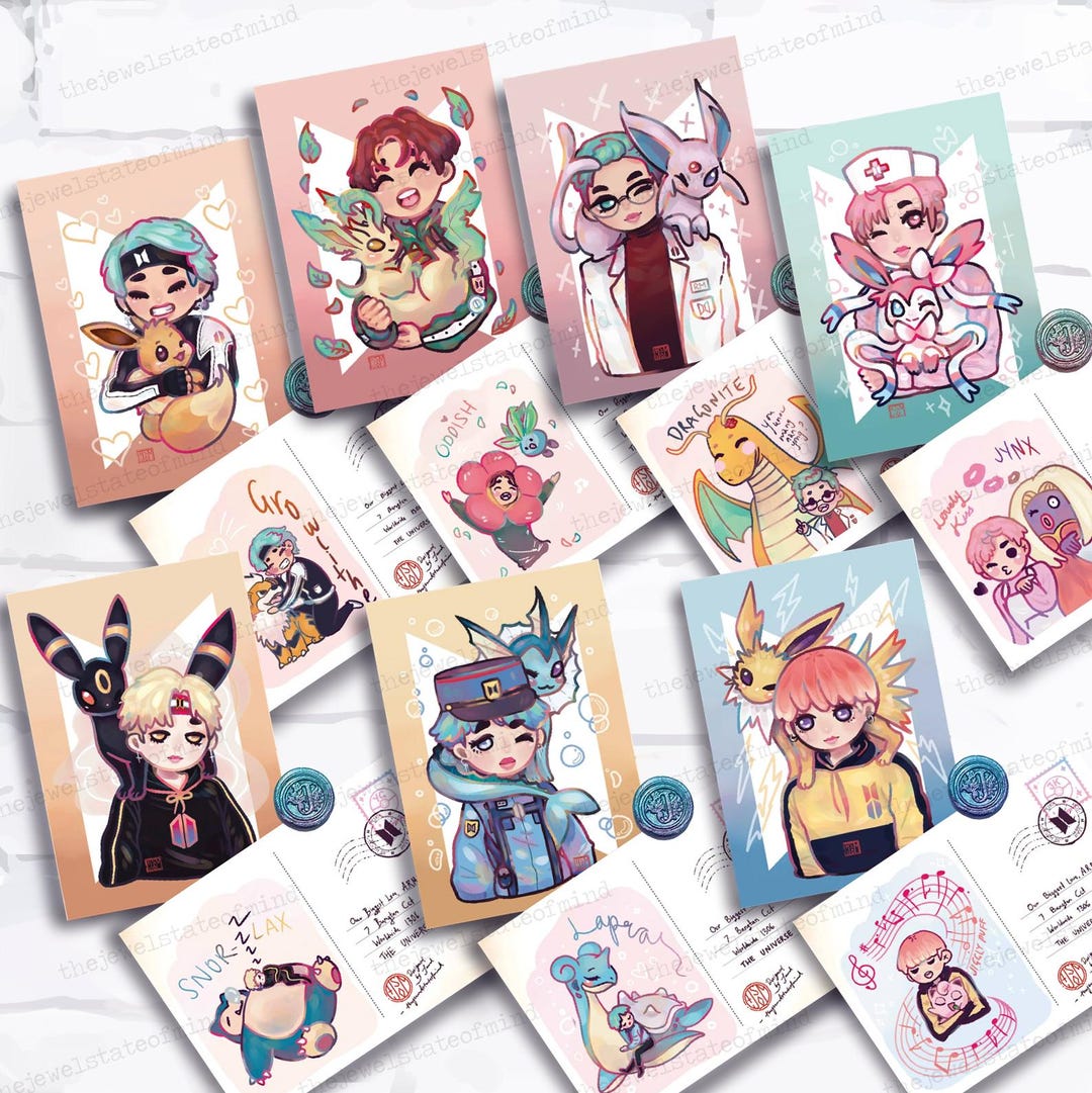 BTS X Eevee Evolution Pokemon Postcards A6 - RM, Jin, Suga, Yoongi, J ...