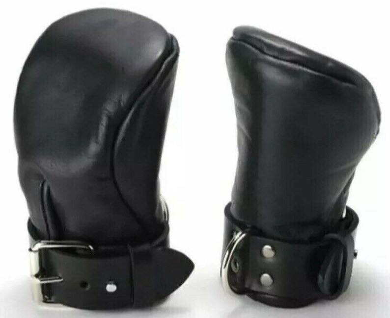 Genuine Leather Bondage Locking Padded Mitts Gloves Black | Etsy