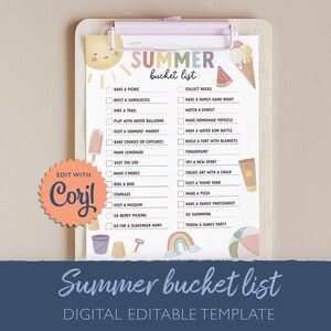 Editable Summer Bucket List for Kids, Custom Summer Checklist Template ...