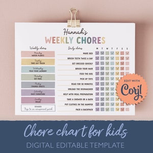 Editable Chore Chart for Kids, Custom Kids Chore List, Daily Checklist ...