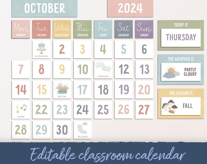 ENGLISH Classroom Calendar, Watercolor Homeschool Printable, Early ...