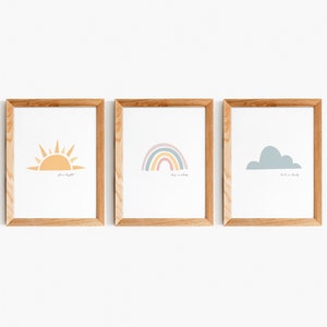 Sun Cloud Rainbow, Boho Rainbow Print, Bohemian Modern Kids Art, Set of ...