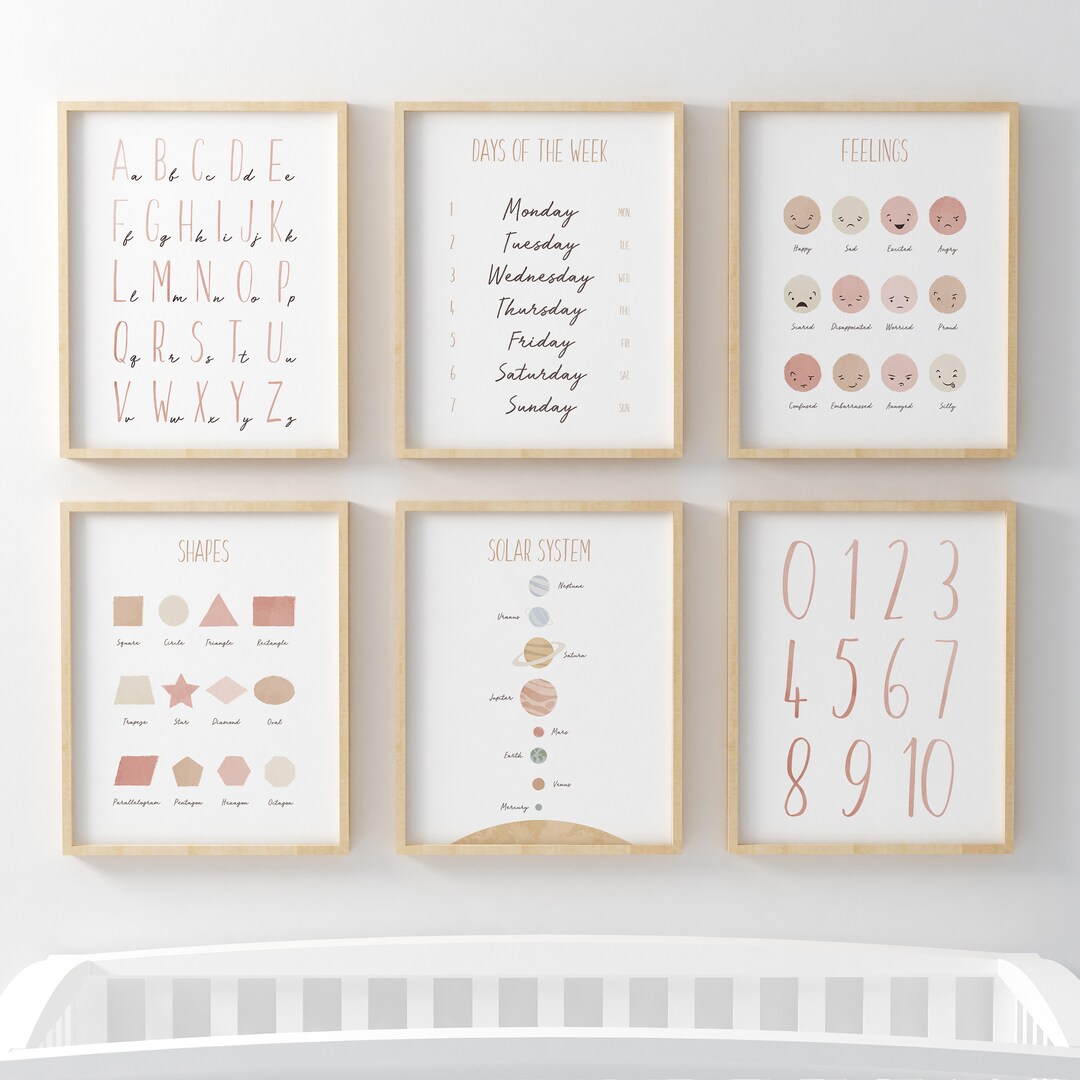 Educational Posters Set: Blush Pink Alphabet, Numbers, Solar System ...