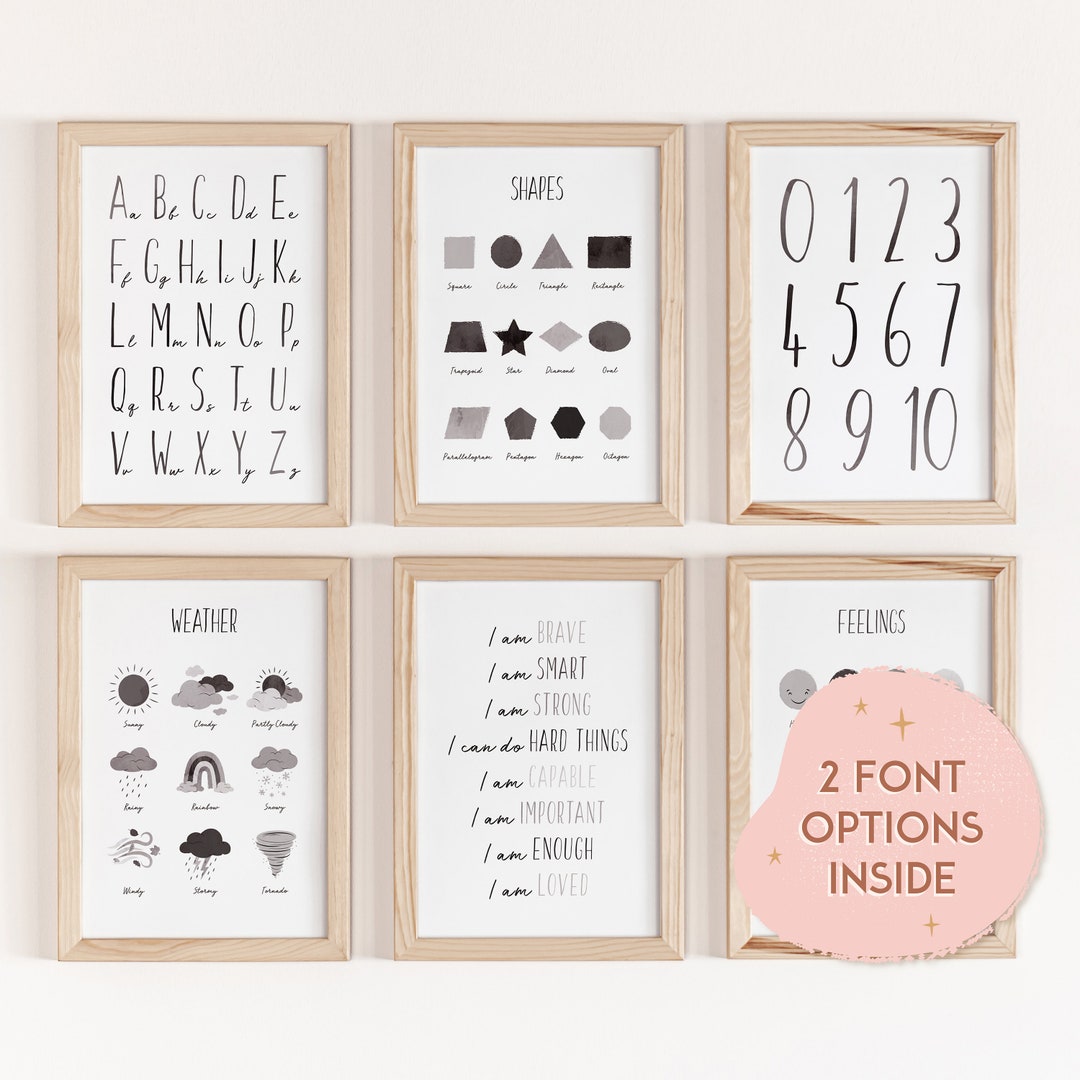 Set of 6 Educational Posters, Black and White, ABC Poster, Boho ...