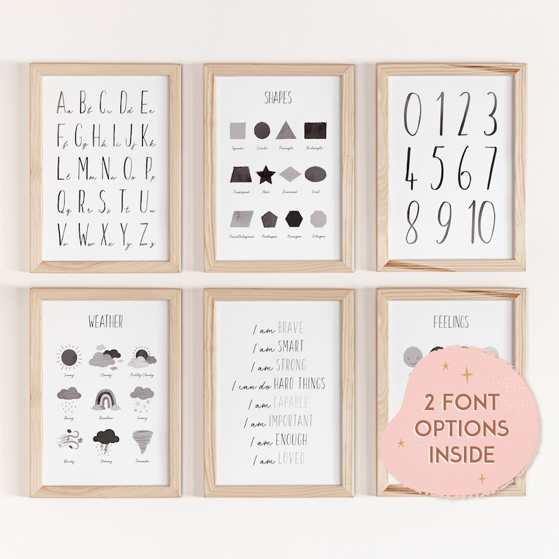 Set of 6 Educational Posters Black and White ABC Poster - Etsy