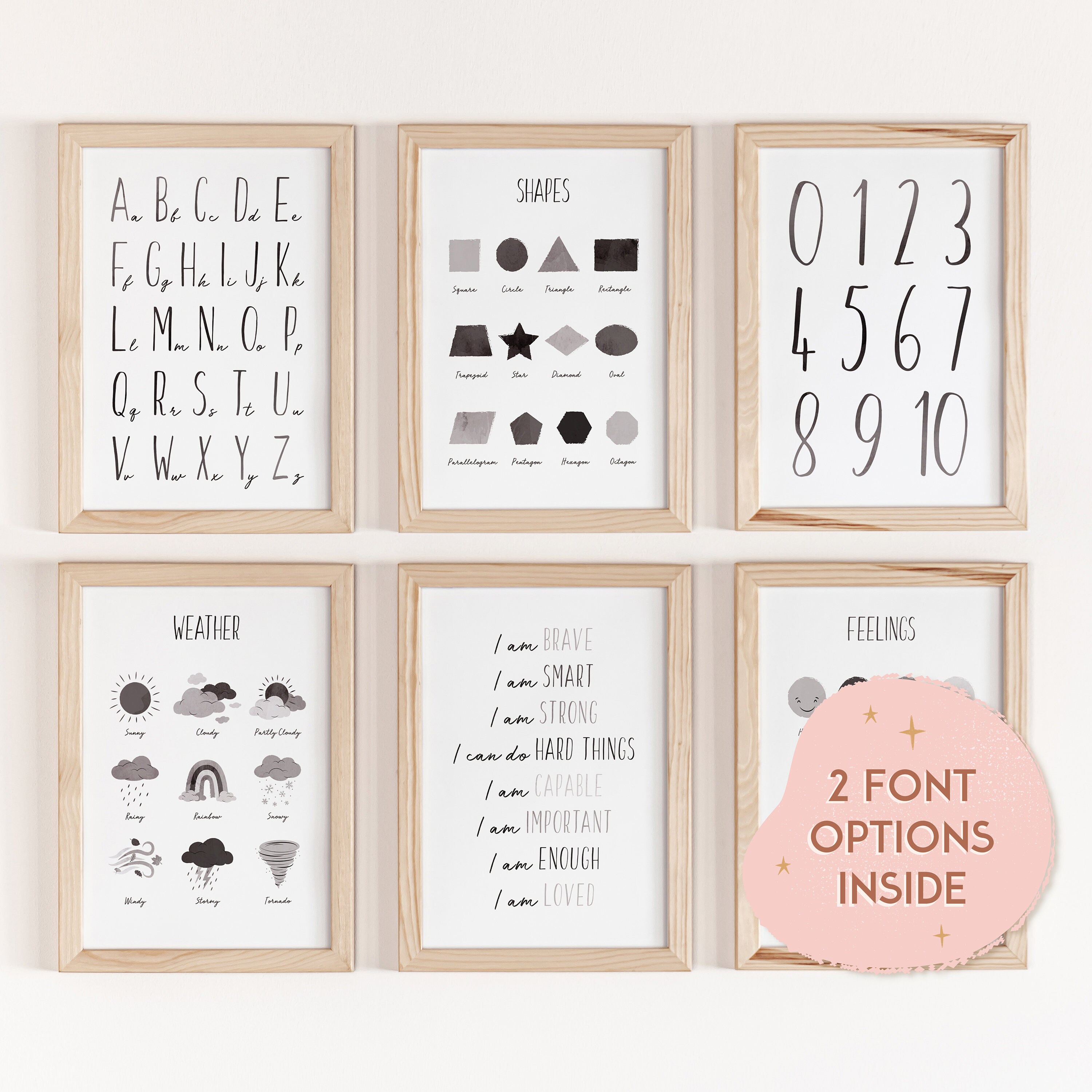 Set of 6 Educational Posters Black and White ABC Poster | Etsy
