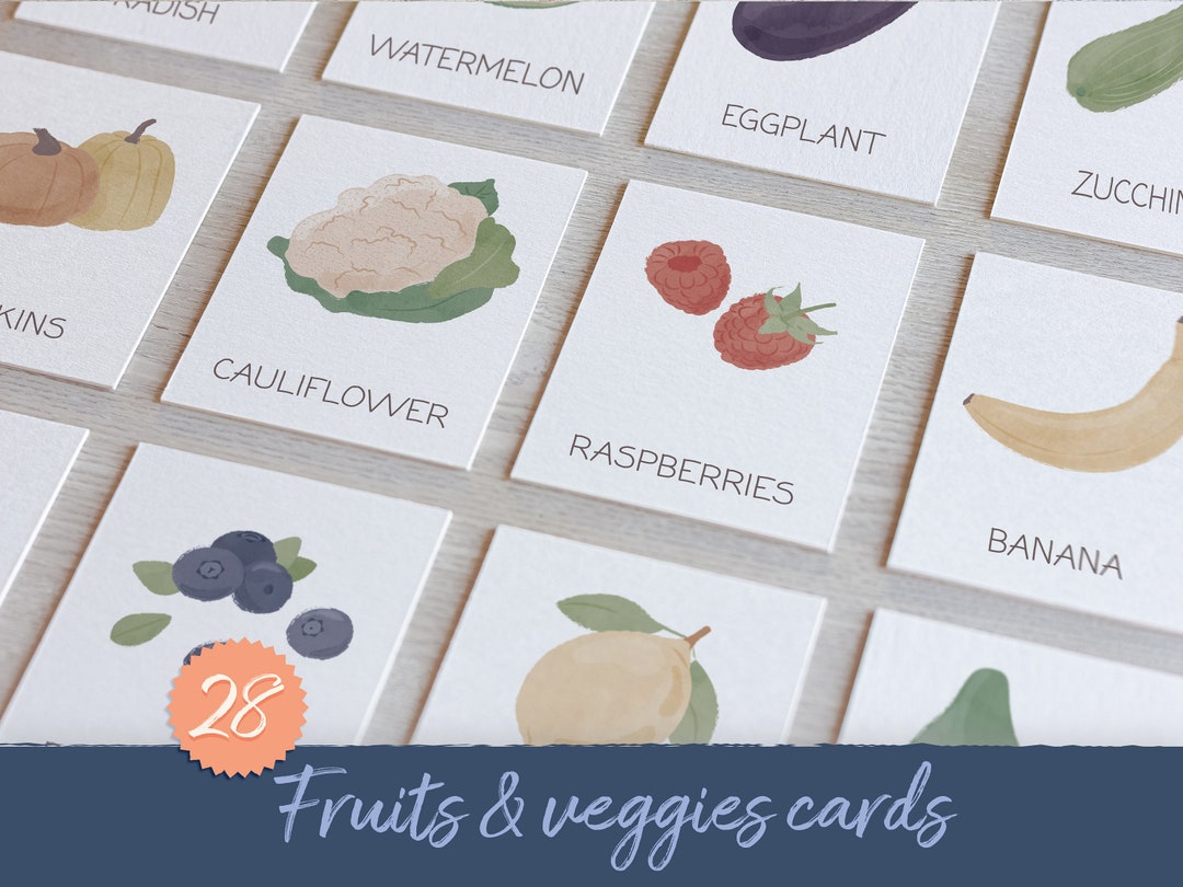 28 Fruits and Vegetables Flashcards, Veggies Flash Cards, Montessori ...