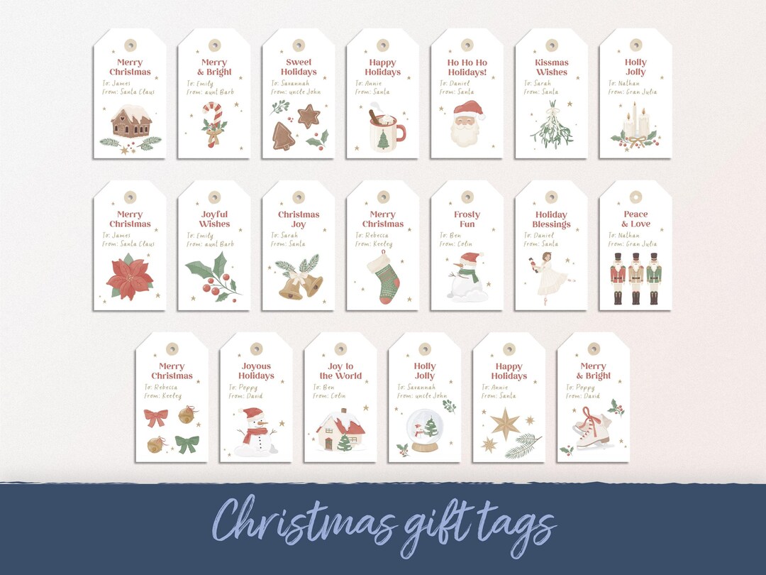 Printable Christmas Gift Tags Set of 20, Editable Cute Holiday Gift ...