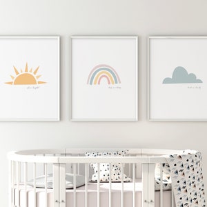 Sun Cloud Rainbow, Boho Rainbow Print, Bohemian Modern Kids Art, Set of ...