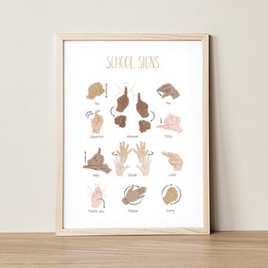 Set of 3 School ASL Posters, American Sign Language Art, Educational ...