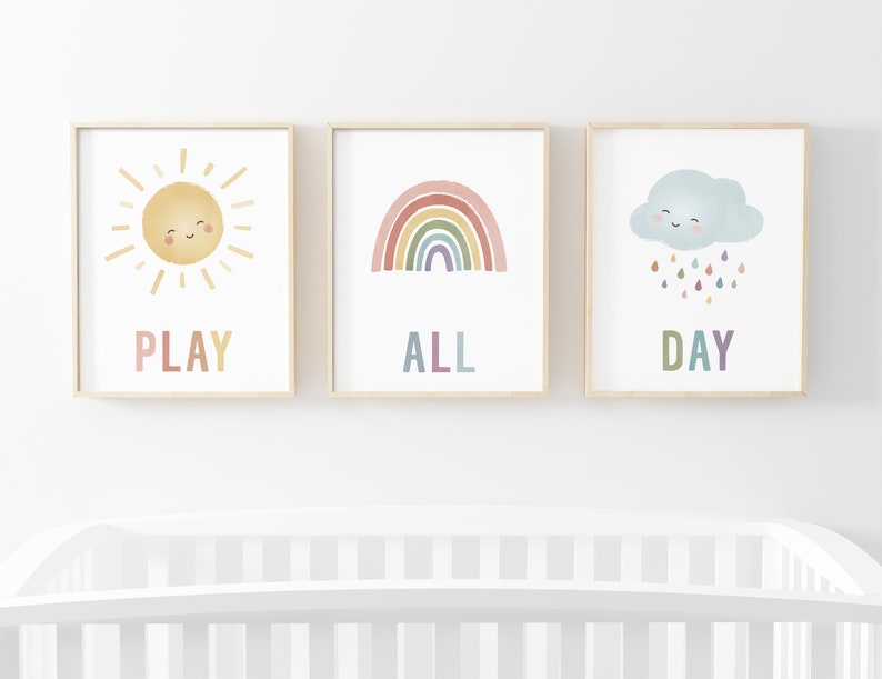 Play All Day Sign 3 Piece Wall Art Sun Cloud Rainbow Print - Etsy