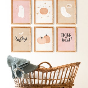 Set of 6 Pastel Halloween Posters, Boho Halloween Print, Pink Ghost ...