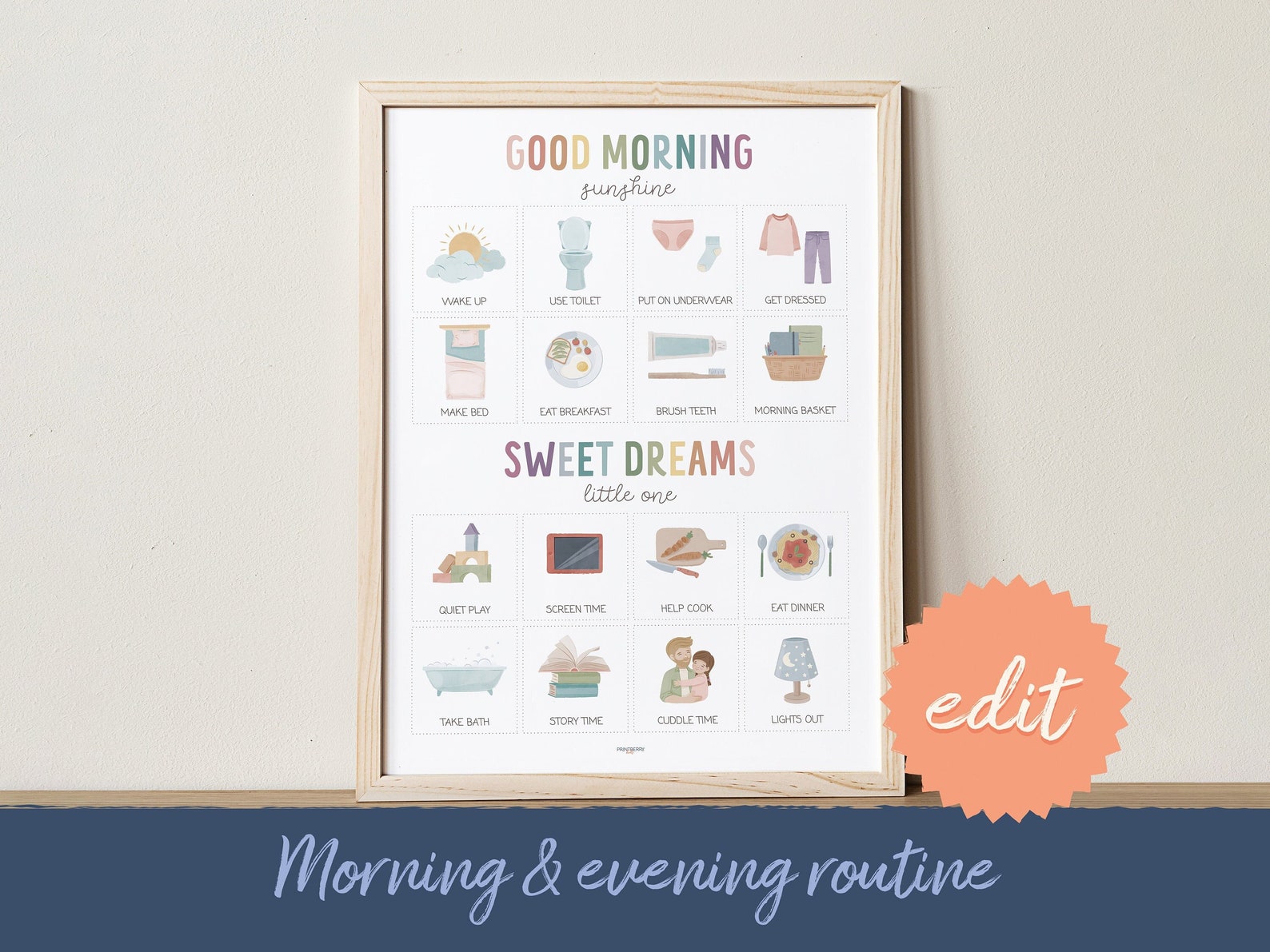 Editable Kids Routine Chart, Morning Routine, Toddler Bedtime Routine ...