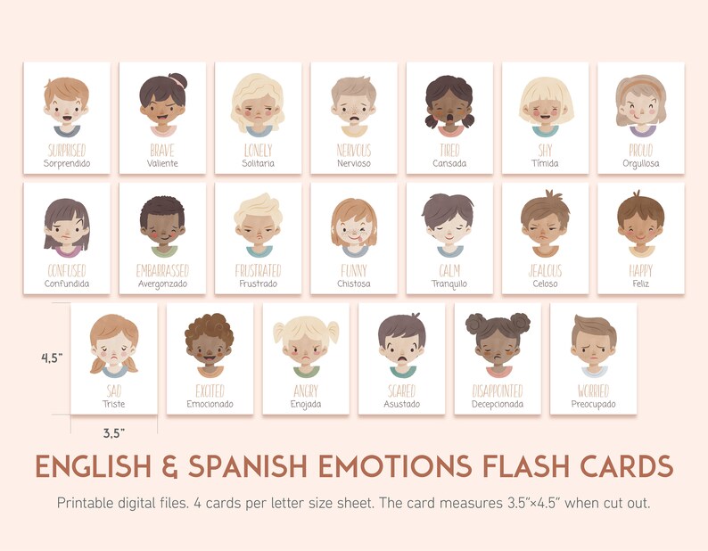 English to Spanish Emotions Flashcards Feelings Flash Cards | Etsy