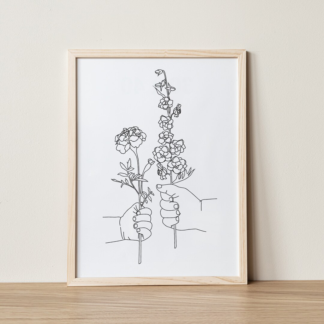 Flower Line Art, Baby Hand Printable, Black and White Fine Line, Line ...