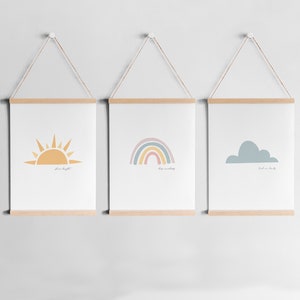 Sun Cloud Rainbow, Boho Rainbow Print, Bohemian Modern Kids Art, Set of ...