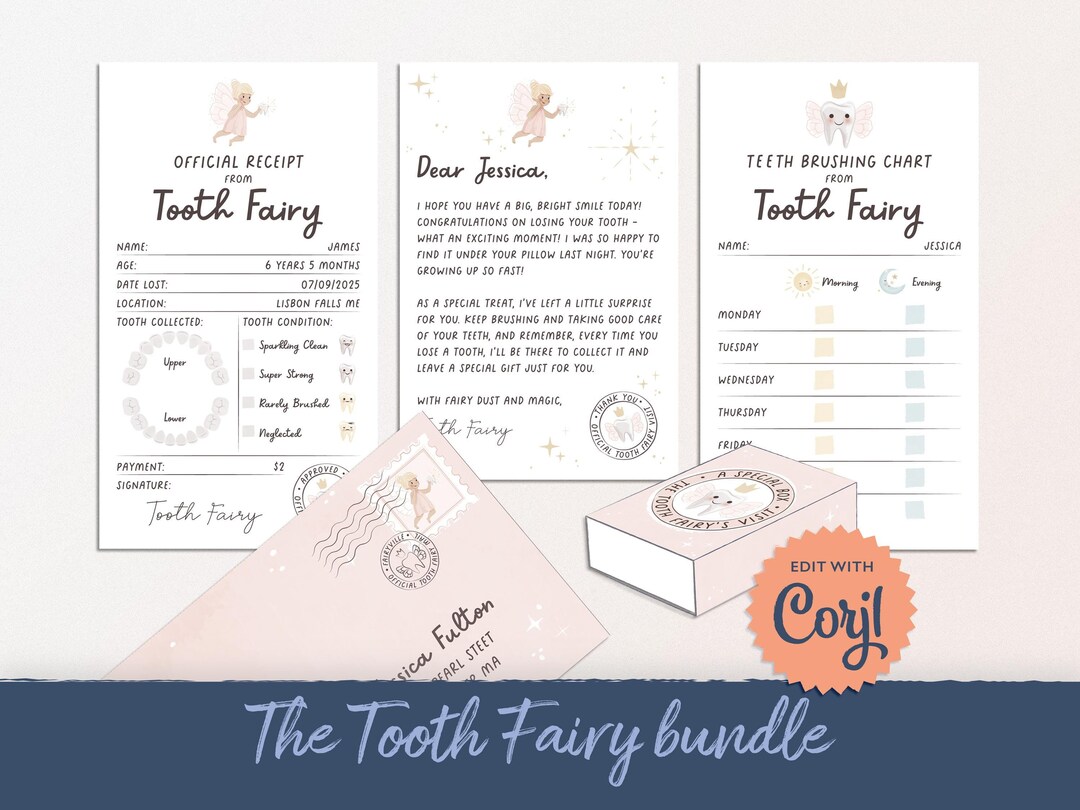 Pink Tooth Fairy Set, Tooth Fairy Letter Receipt Kit Templates, Tooth ...