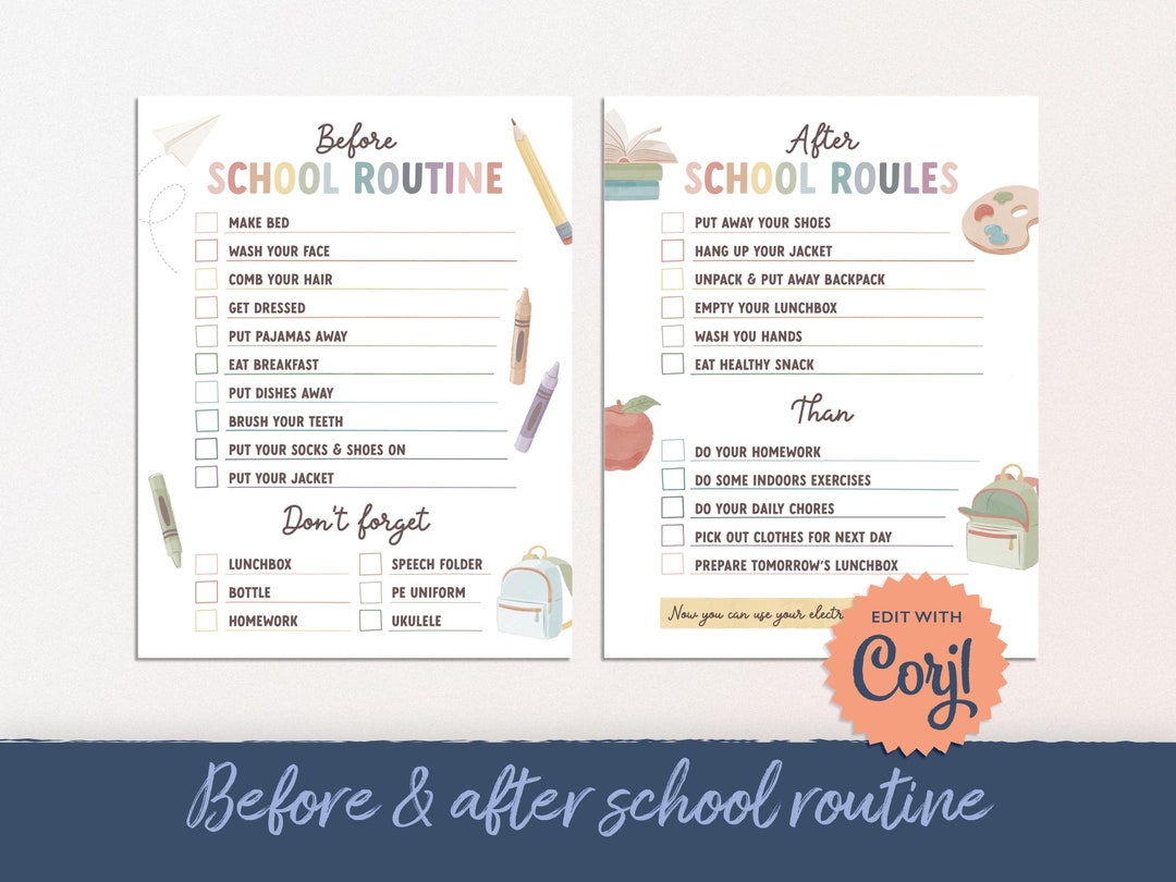 Printable Before School Checklist, Editable After School Rules, Morning ...