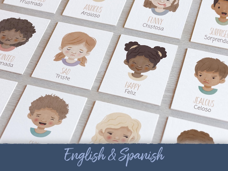 Tarjetas de memoria sobre emociones en inglés y español: imprimibles ...