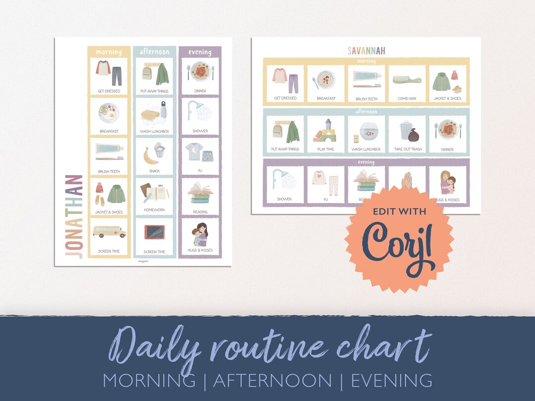 Editable Kids Routine Chart, Morning Routine, Toddler Bedtime Routine ...