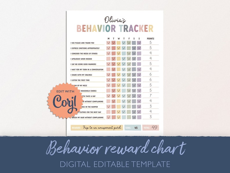 Editable Kids Behavior Chart: Custom Reward Tracker (digital Download ...