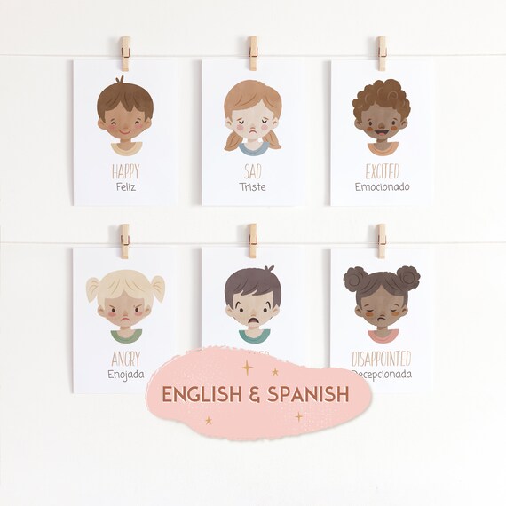 English to Spanish Emotions Flashcards Feelings Flash Cards | Etsy