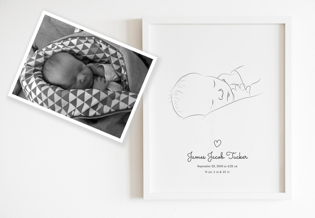 Custom Birth Stat Print, Newborn Portrait From Photo With Baby Stats ...
