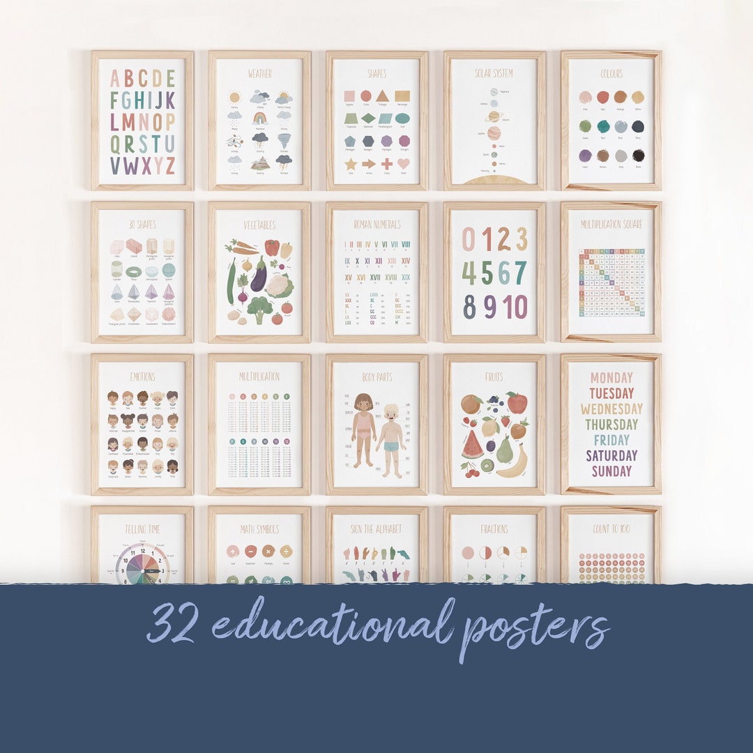 Set of 32 Educational Posters, Boho Classroom Decor Bundle, Math Poster ...