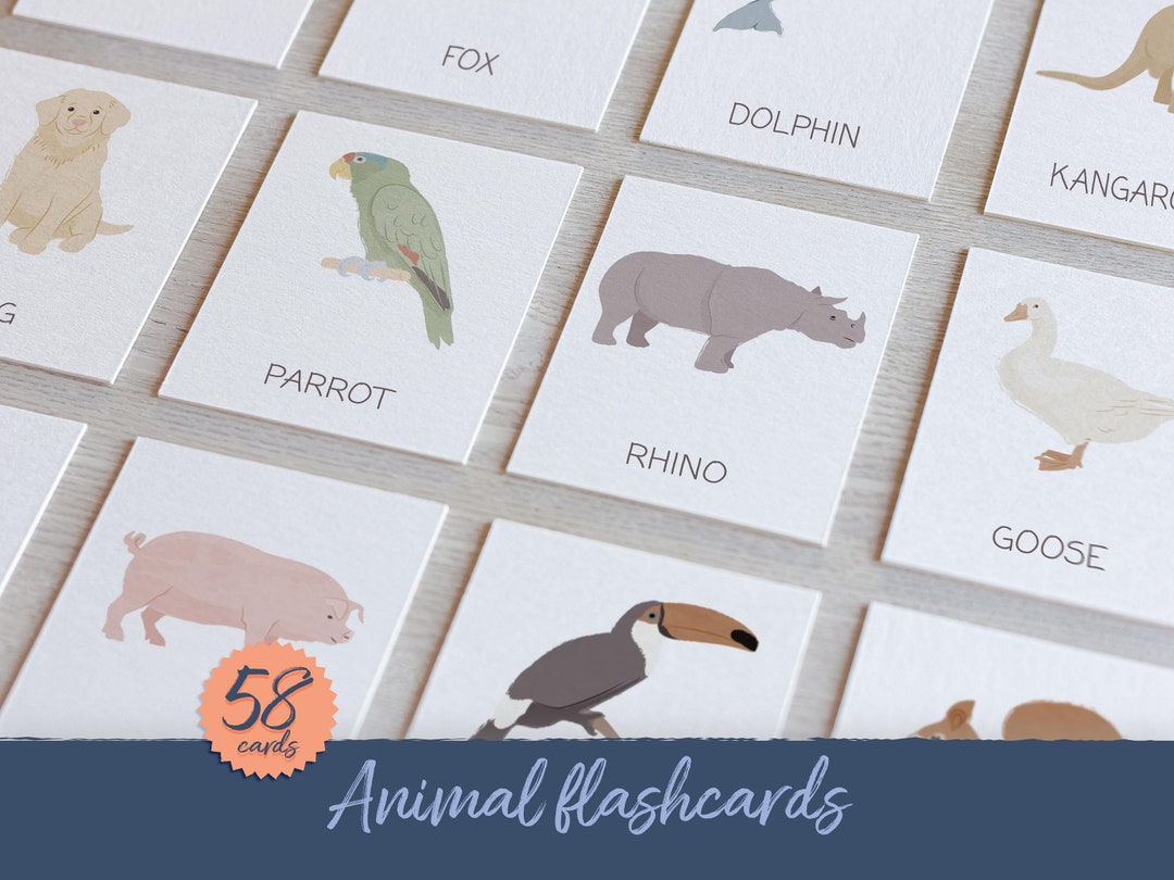 58 Animal Flashcards, Safari Farm Zoo Animals Flash Cards, Montessori ...