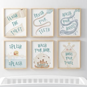 Kids Bathroom Set of 6 Printables, Kids Bathroom Signs, Wash Your Hands ...