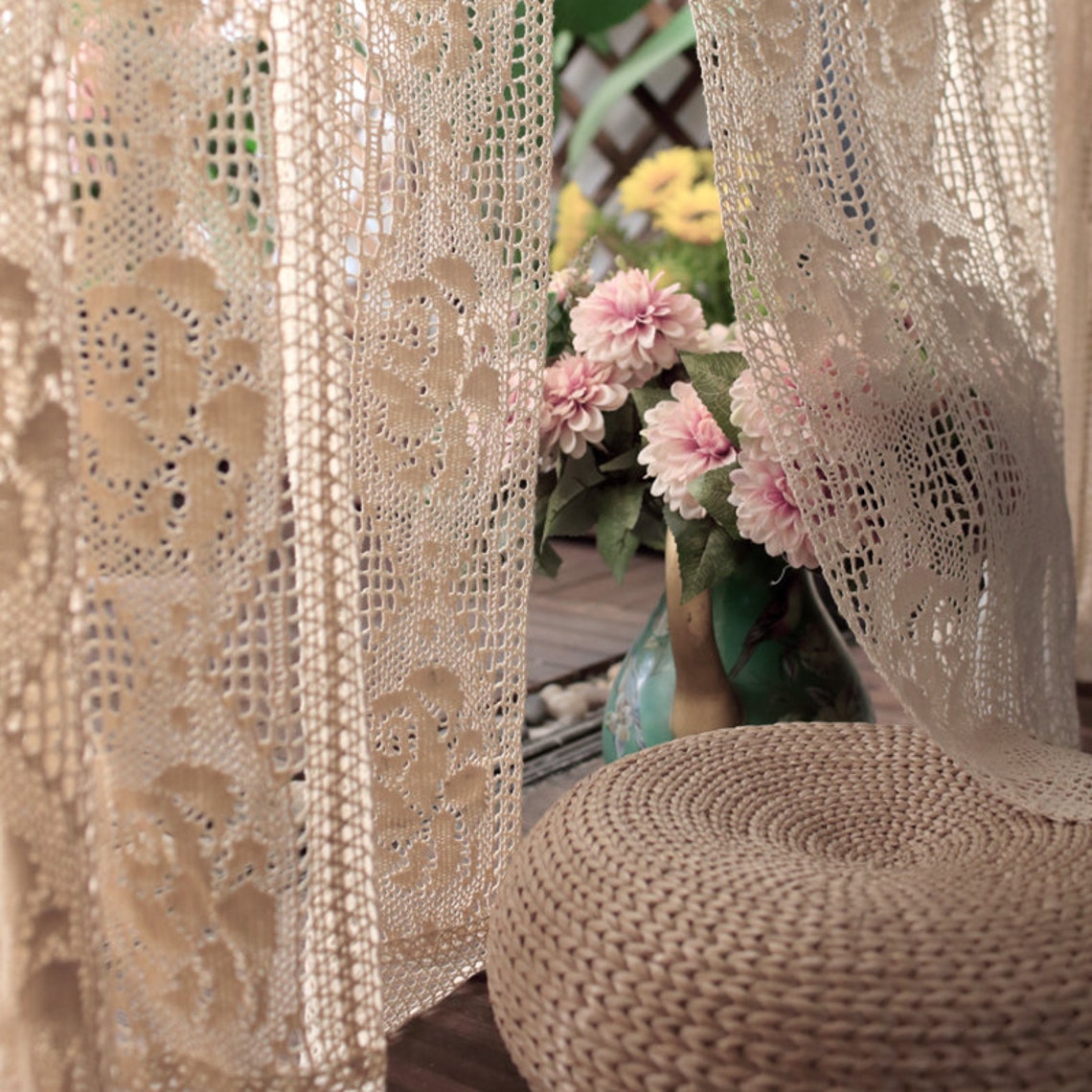 Beige Rose Crochet Lace Curtain Retro Knitting Valance for - Etsy