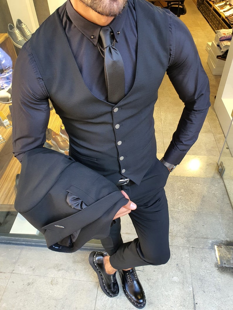 Men Suits Black 3 Piece Slim Fit Two Button Wedding Groom Party Wear Coat Pant, Black Suit for ...