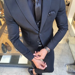 Men Suits Black 3 Piece Slim Fit Two Button Wedding Groom Party Wear Coat Pant, Black Suit for ...