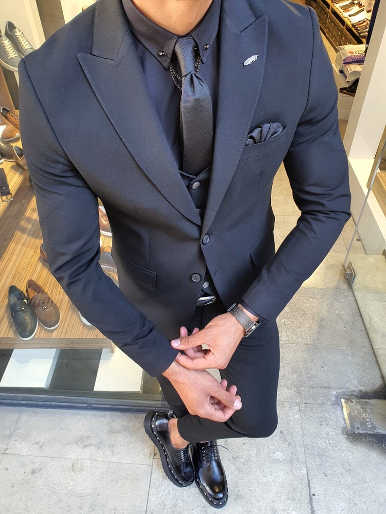 Men Suits Black 3 Piece Slim Fit Two Button Wedding Groom Party Wear Coat Pant, Black Suit for ...